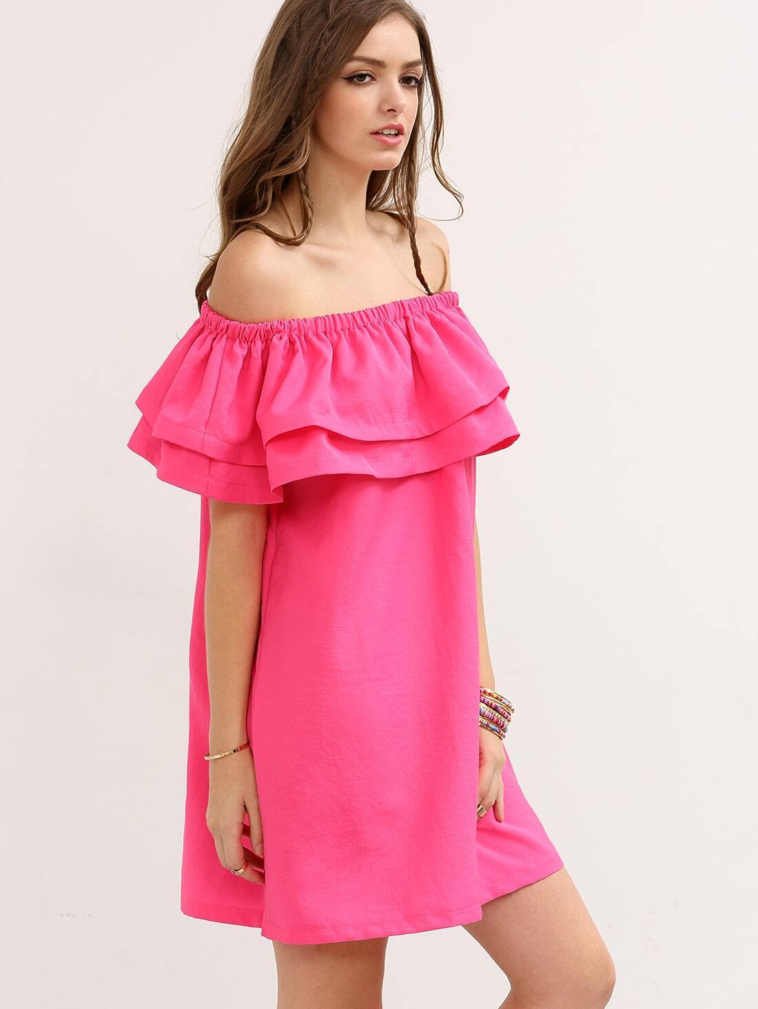 Hot Pink Off The Shoulder Ruffle Shift Dress Emmacloth Women Fast