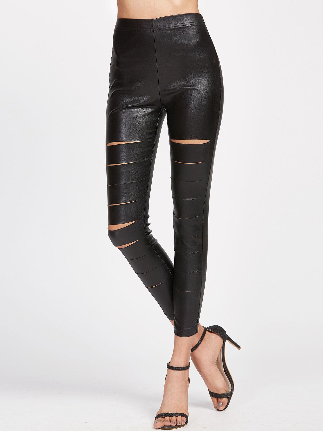 Black Coated Ripped Leggings Emmacloth Women Fast Fashion Online
