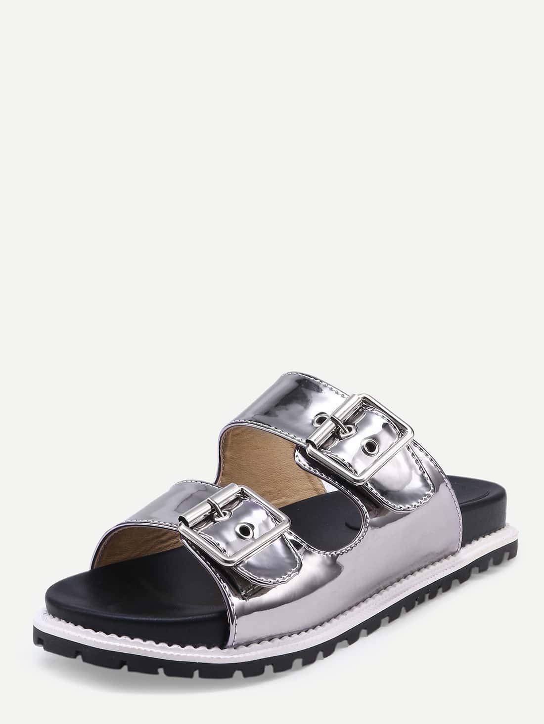 Silver Peep Toe Buckle Strap Slippers EmmaCloth-Women Fast Fashion Online